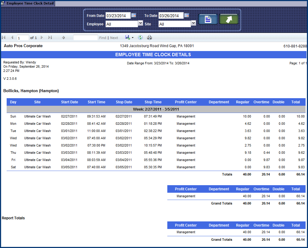 WashConnect WebHelp Version 1.7.4 > Home > Time Clock > Time Clock Reports > Employee Time Clock ...